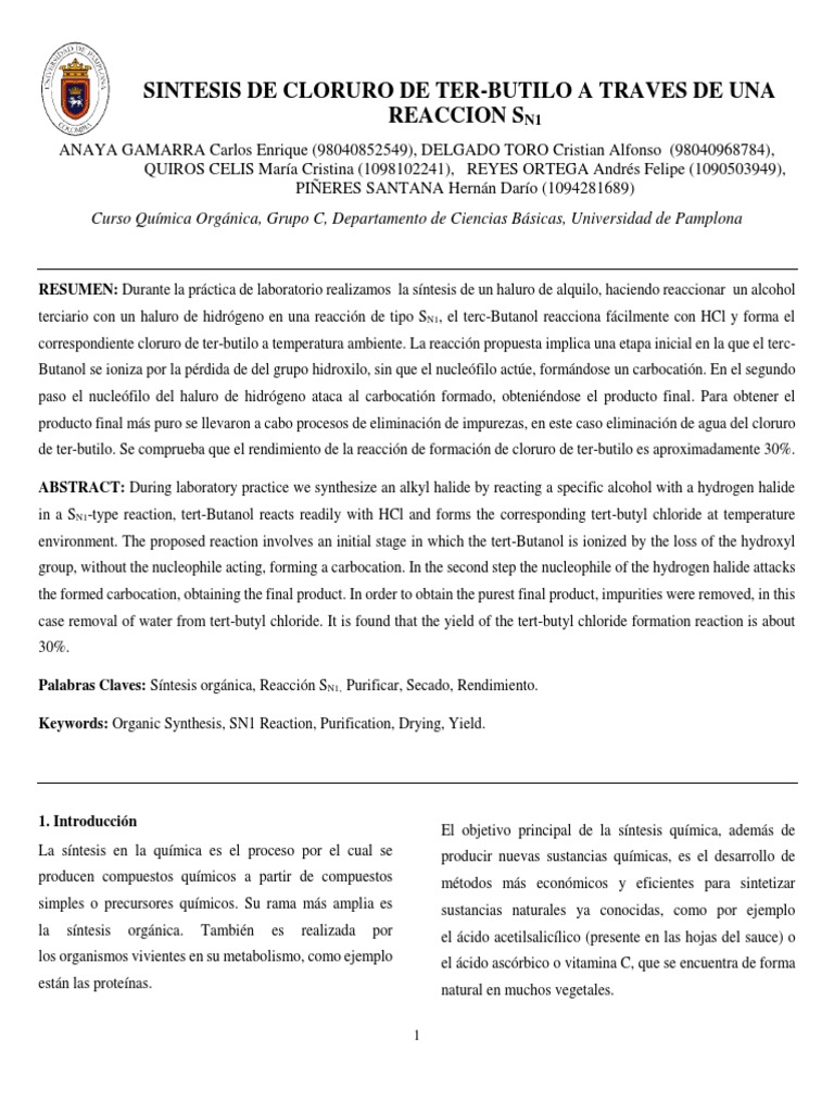 Informe Sintesis de Cloruro de Terbutilo | PDF | Síntesis química ...
