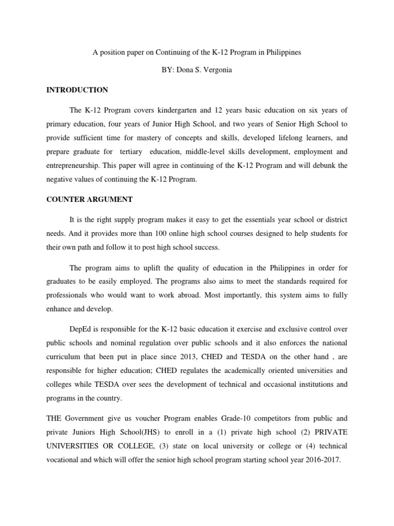 A Position Paper On Continuing of The K-12 Program in Philippines | PDF ...