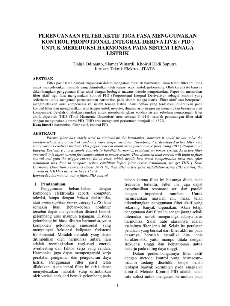 Perencanaan Filter Aktif Tiga Fasa Menggunakan Kontrol Propotional ...