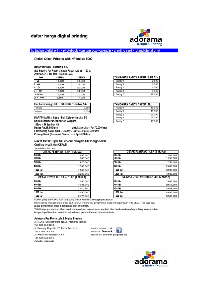 Digital Printing Price List | PDF