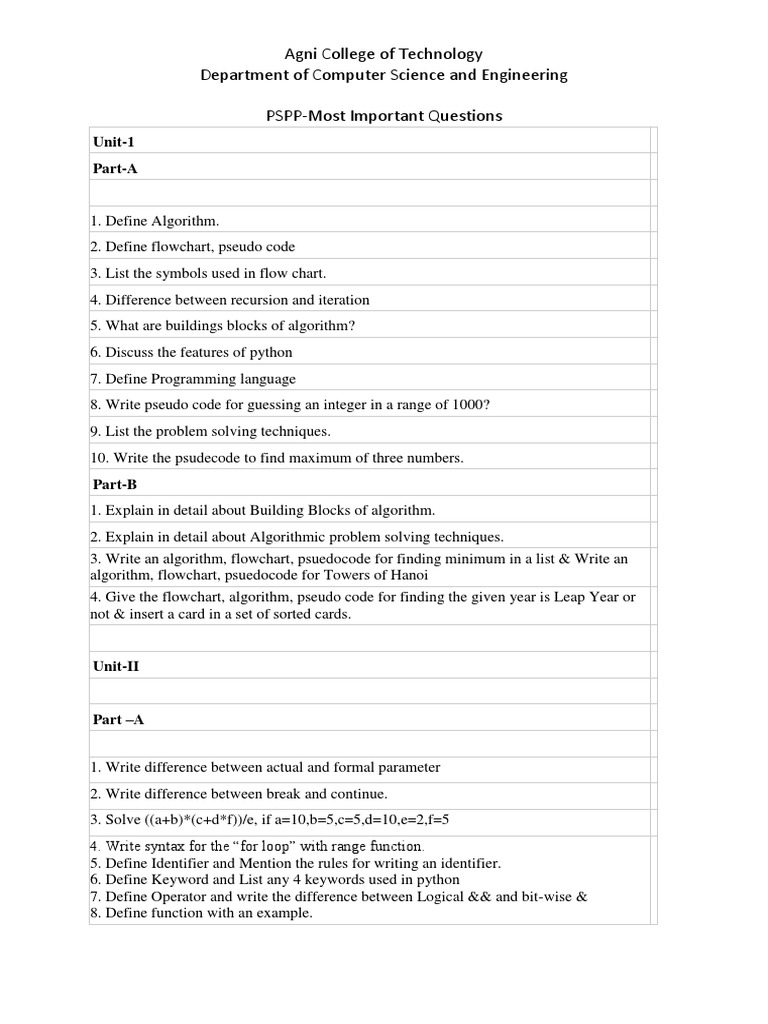 PSPP-Unit-wise Important Questions | PDF | Control Flow | Subroutine