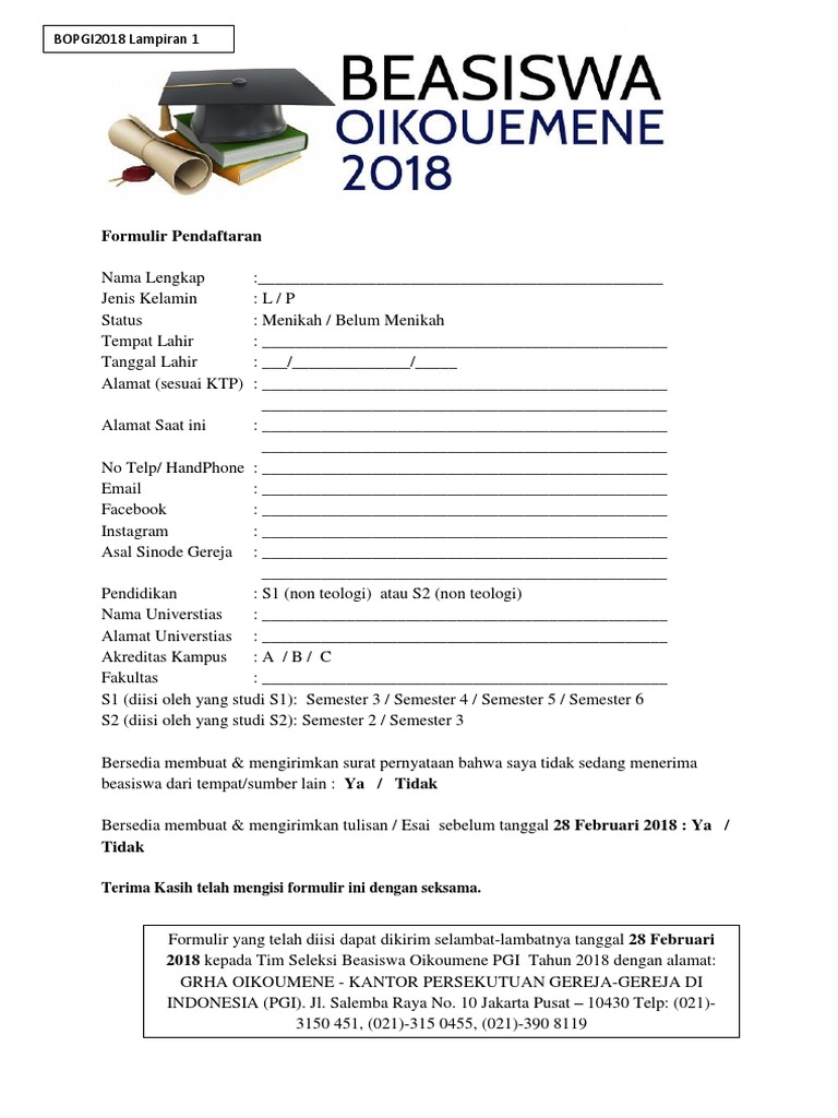Formulir Pendaftaran Beasiswa Oikouemene 2018 | PDF