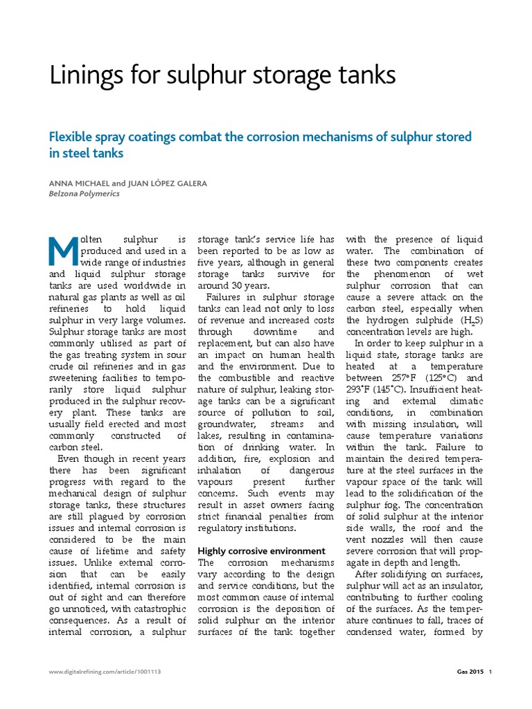Linings For Sulphur Storage Tanks | PDF | Sulfur | Corrosion