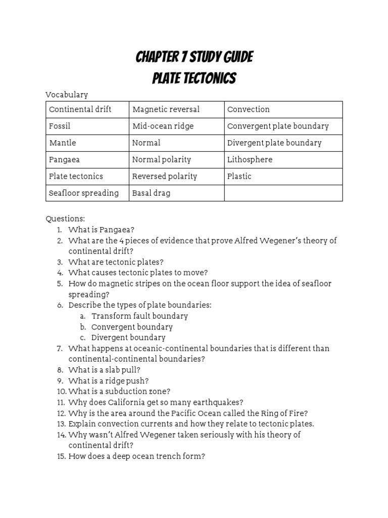 Chapter 7 Study Guide Plate Tectonics | PDF