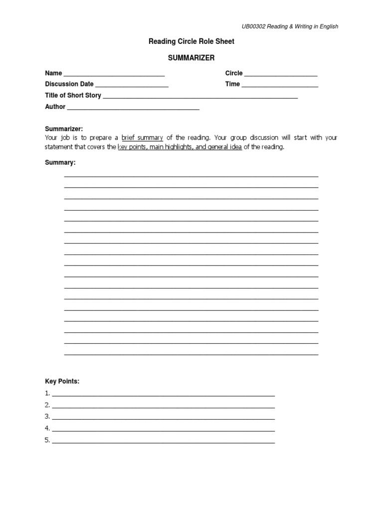 Reading Circle Role Sheet | PDF | Reading (Process) | Vocabulary
