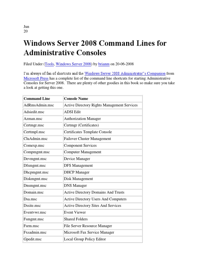 Windows Server 2008 Command Lines For Administrative Consoles | PDF ...