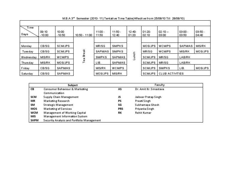 MBA 3rd Semester Timetable 2010-11 | PDF