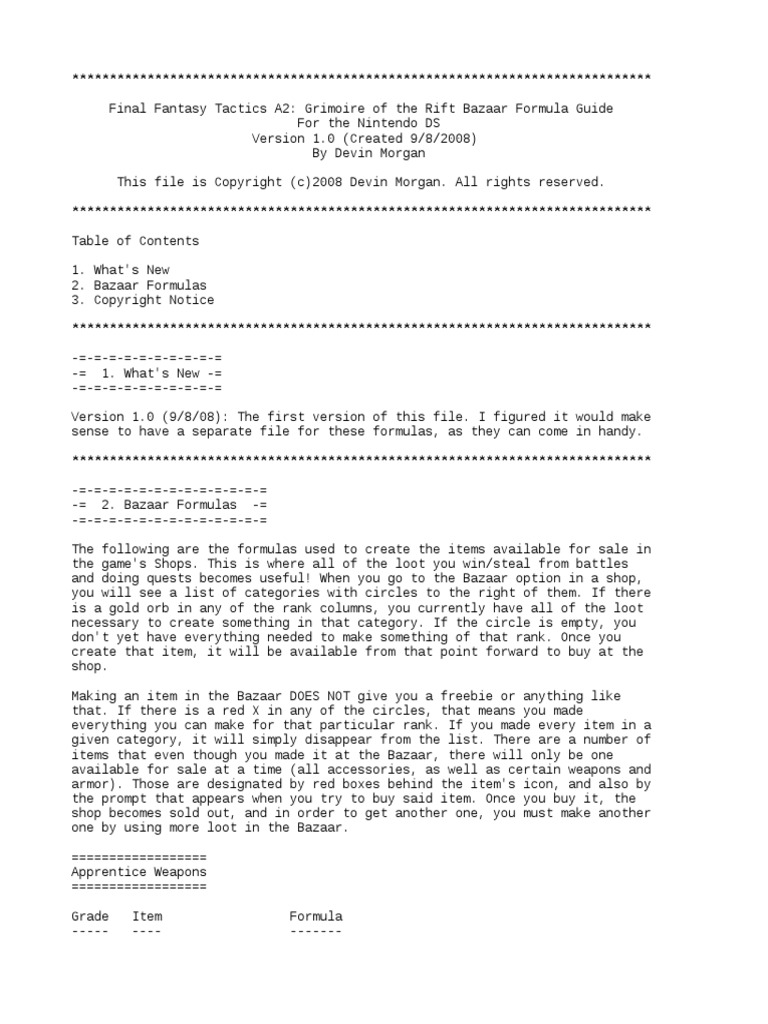 Final Fantasy Tactics A2 Bazaar Formula Guide | PDF | Bronze | Nature