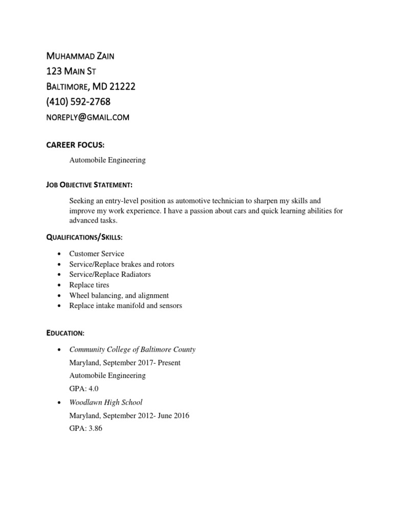 Entry-Level Automotive Technician Resume | PDF | Business