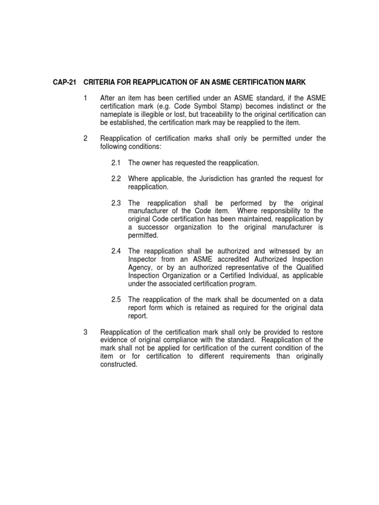 Criteria For Reapplication of An ASME Certification Mark | PDF