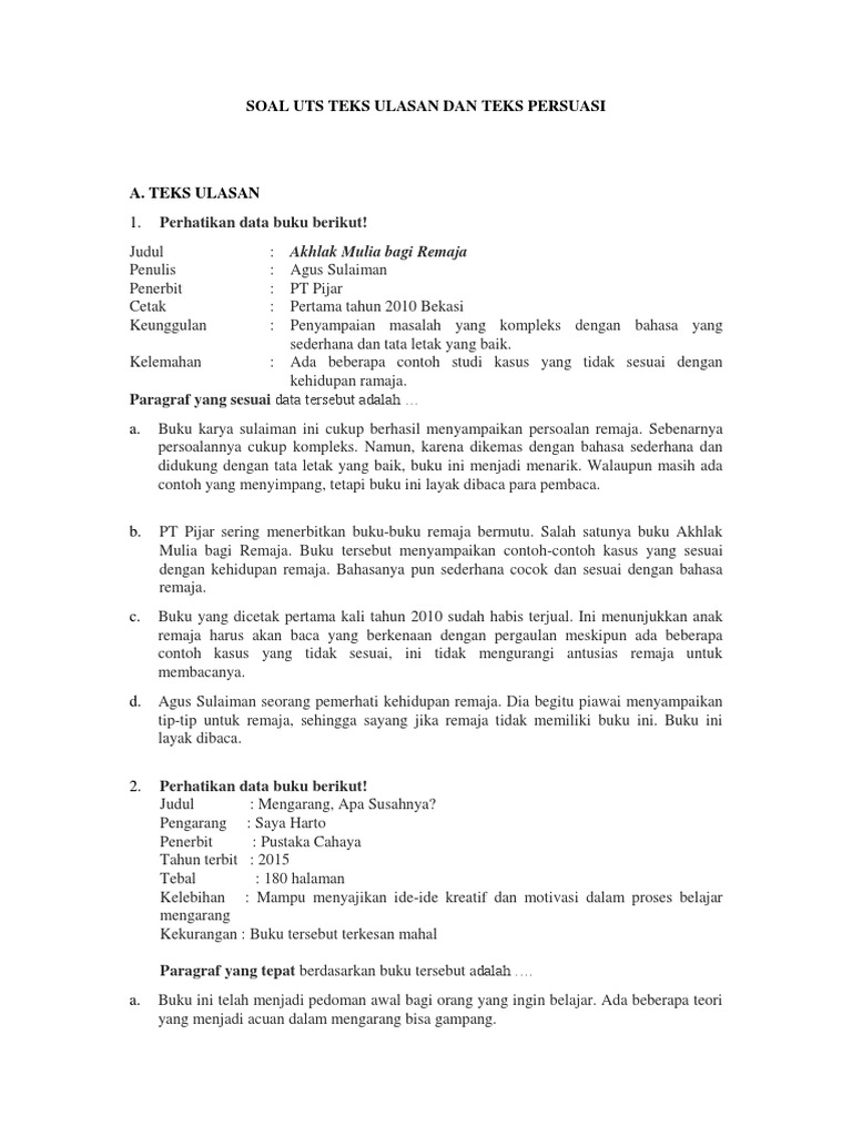 Soal Uts Teks Ulasan Dan Teks Persuasi Kelas VIII SMP | PDF