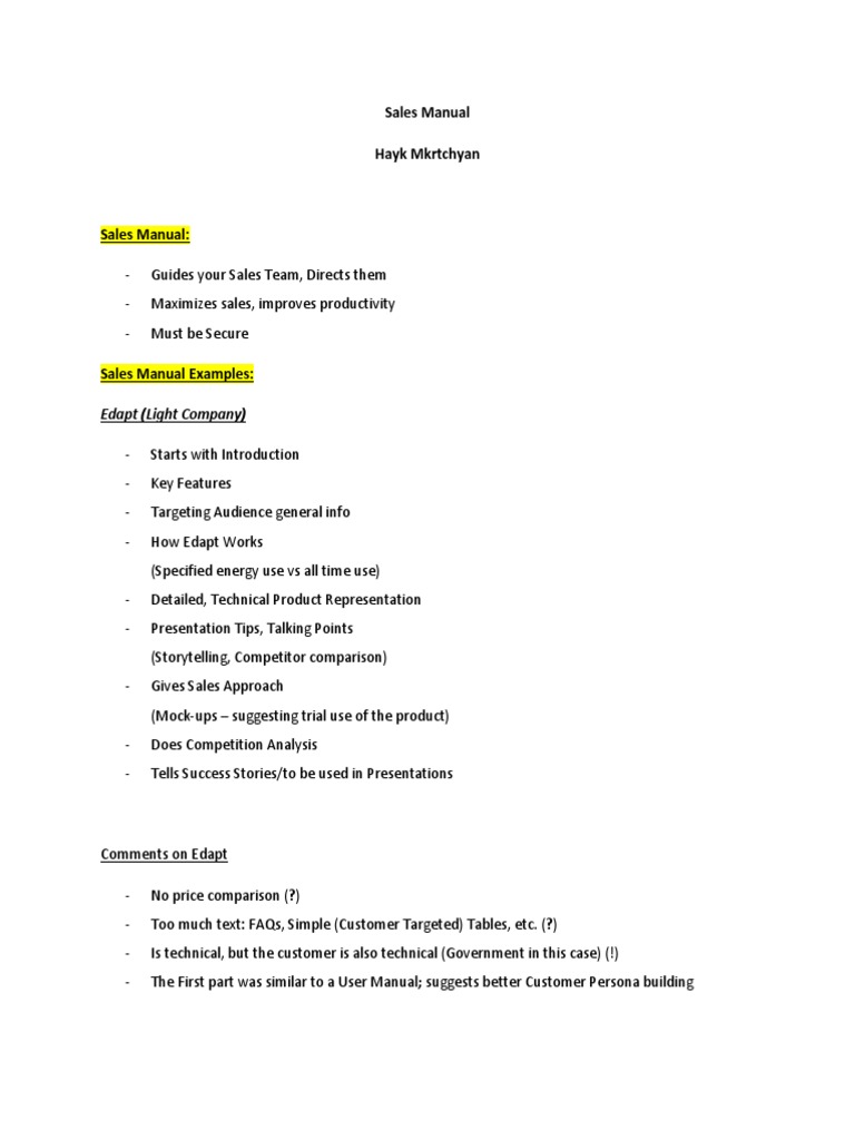 Sales Manual Hayk Mkrtchyan Presentation | Download Free PDF | Sales ...