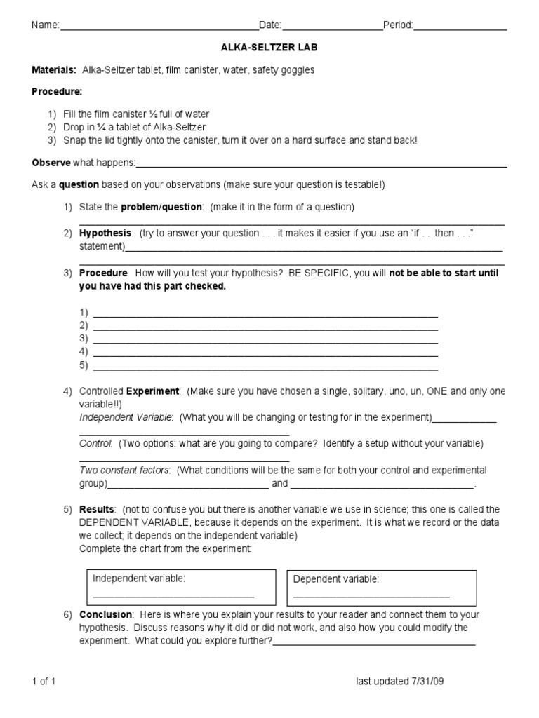 Alka Seltzer Lab | PDF | Experiment | Dependent And Independent Variables