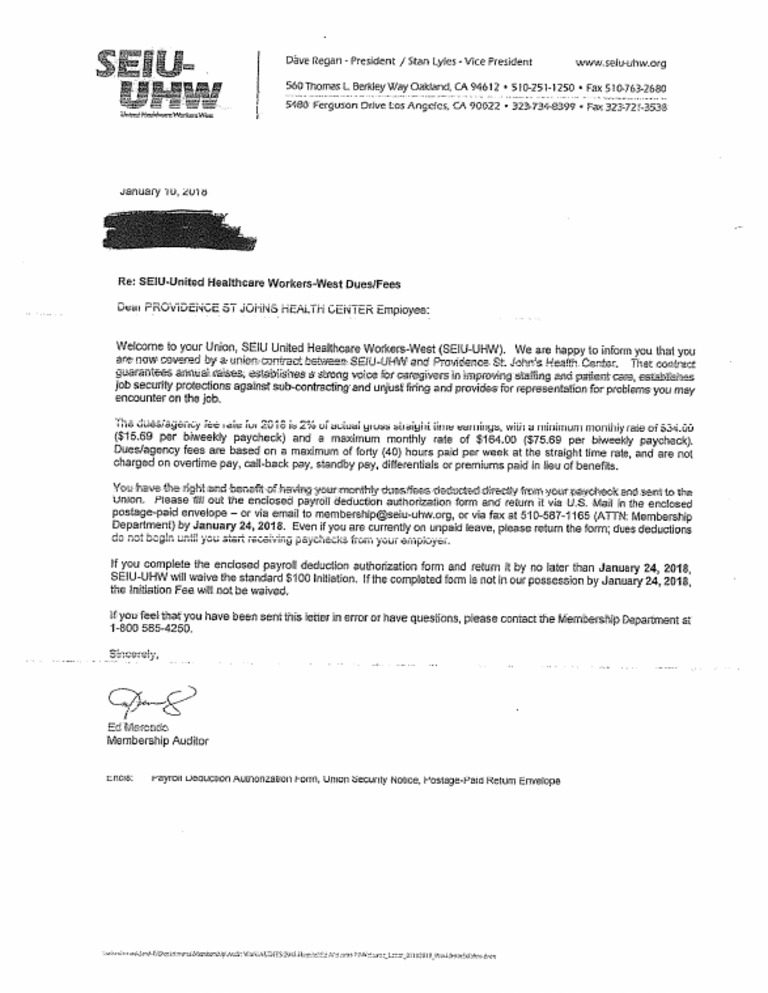 SEIU-UHW's Letter to Members on Dues: 01-10-2018