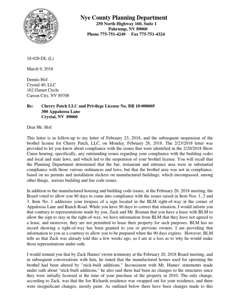 Nye County Letter To Dennis Hof | PDF | Mobile Home | Home & Garden