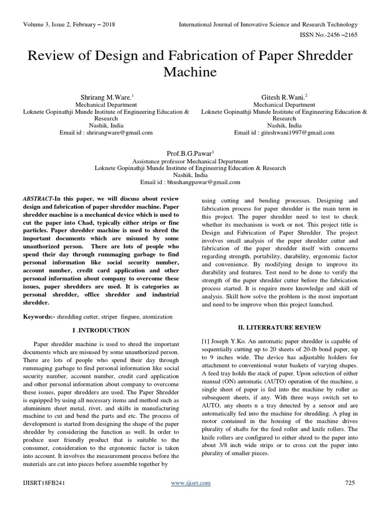 Review of Design and Fabrication of Paper Shredder Machine | PDF ...