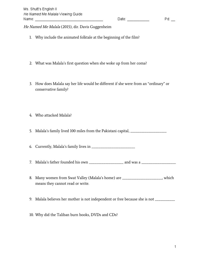 He Named Me Malala Viewing Guide Student | PDF