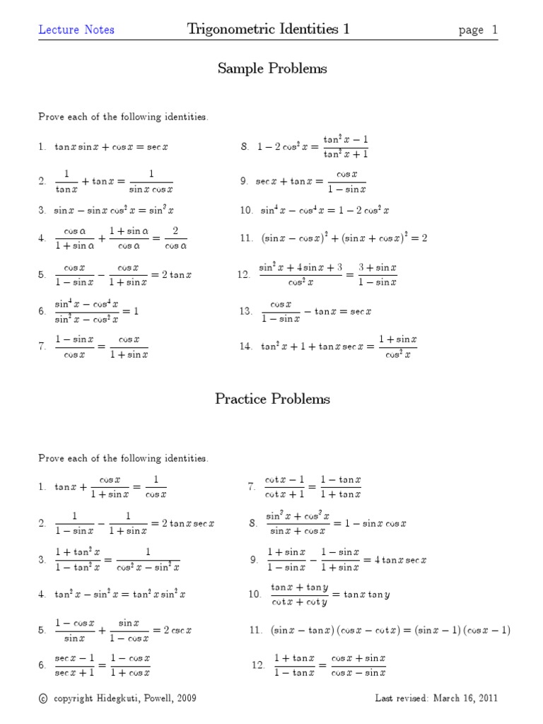 Trigonometric Identities Practice | PDF | Trigonometric Functions | Sine