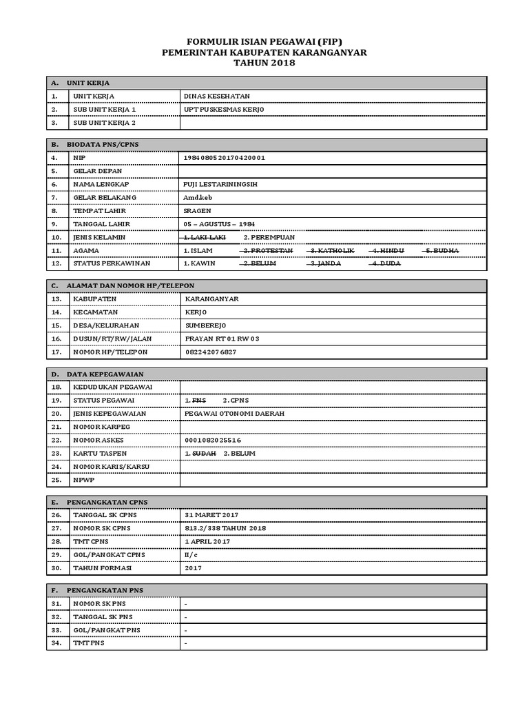 Formulir Isian Pegawai (FIP) Puji Lestariningsih | PDF