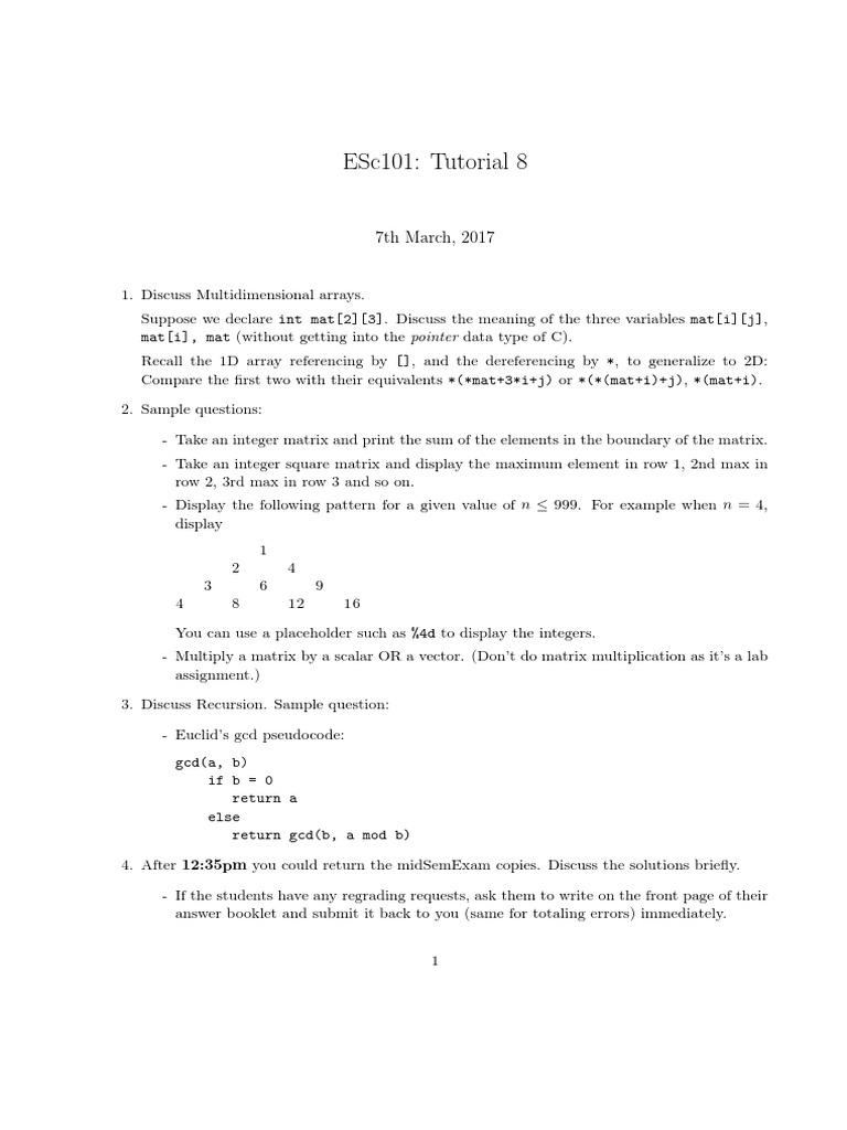 Esc101: Tutorial 8: 7Th March, 2017 | PDF