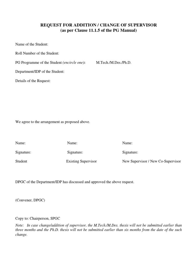 Request For Addition / Change of Supervisor (As Per Clause 11.1.5 of ...