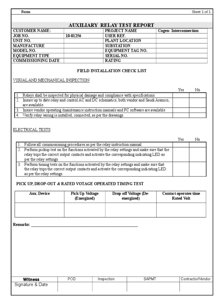 Auxiliary Relay Test Report: Sheet 1 of 1 | PDF
