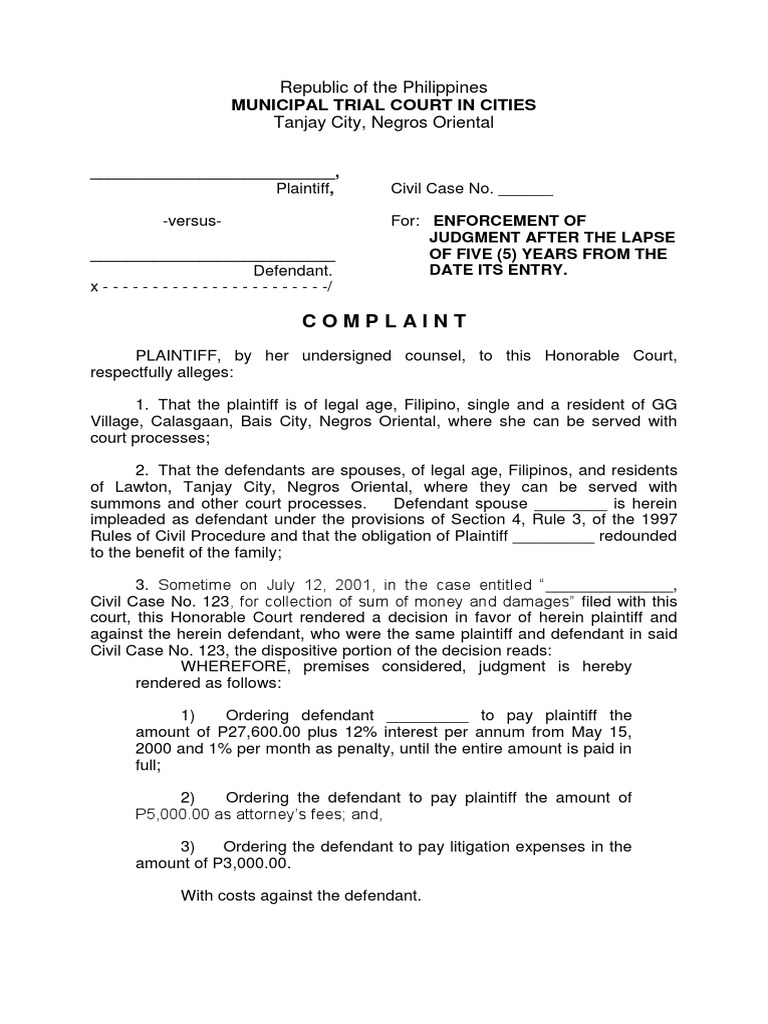 Sample Revival of Judgment | PDF | Lawsuit | Complaint