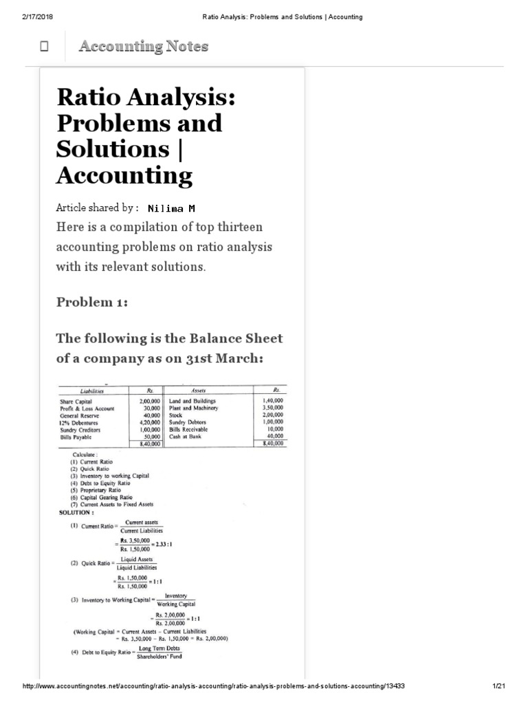 Ratio Analysis - Problems and Solutions - Accounting | PDF | Financial ...