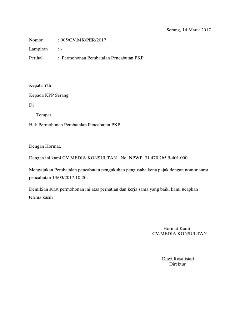Surat Pembatalan PKP | PDF | Bisnis | Pengelolaan Keuangan & Uang
