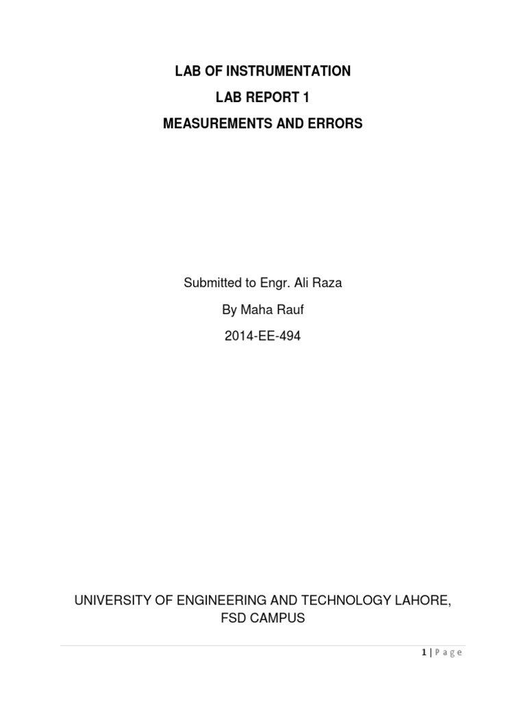 Lab of Instrumentation Lab Report 1 Measurements and Errors: Submitted To Engr. Ali Raza by Maha ...