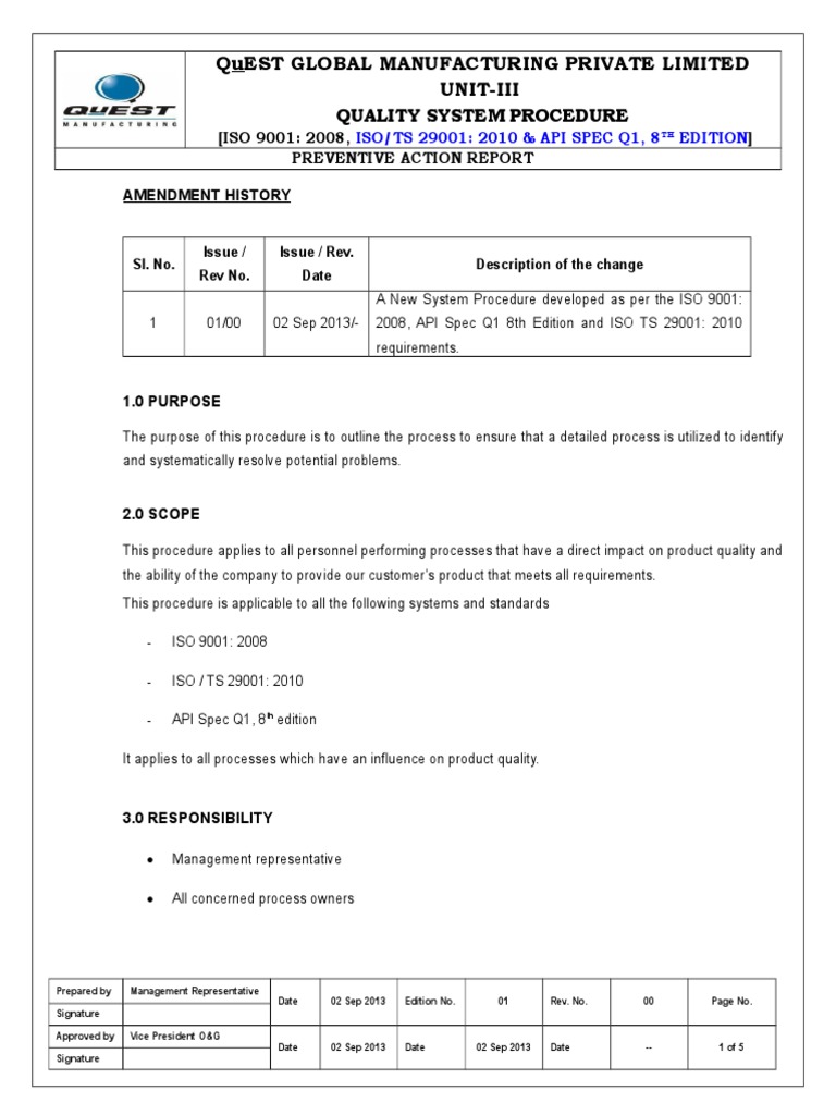 Ensuring Quality Through Prevention: A Procedure for Preventive Action ...