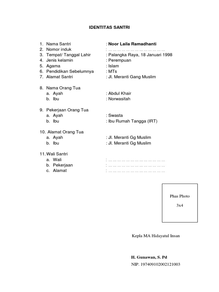 Formulir Biodata Raport Santri Kls X | PDF