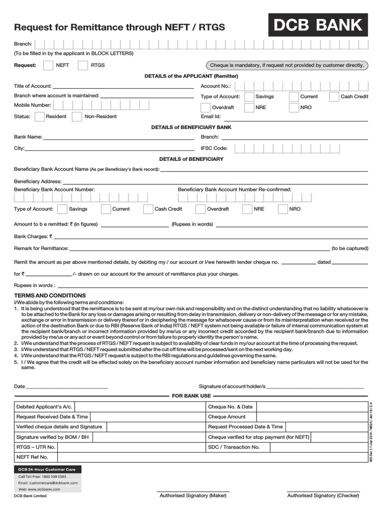 Neft Rtgs Form Jan 2018 | PDF | Cheque | Overdraft
