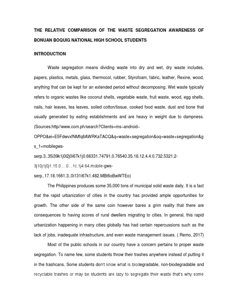 The Relative Comparison of The Waste Segregation Awareness of Bonuan ...