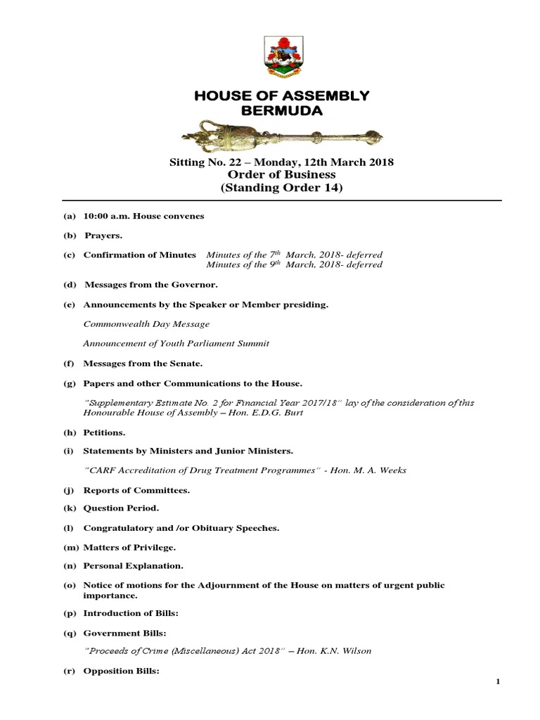 House of Assembly Bermuda: Order of Business (Standing Order 14) | PDF ...