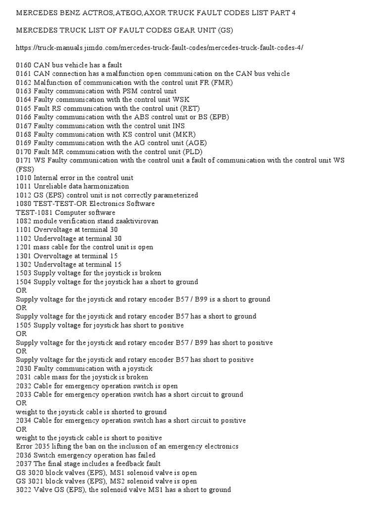 Mercedes Benz Actros, Atego, Axor Truck Fault Codes List Part 4 | PDF ...