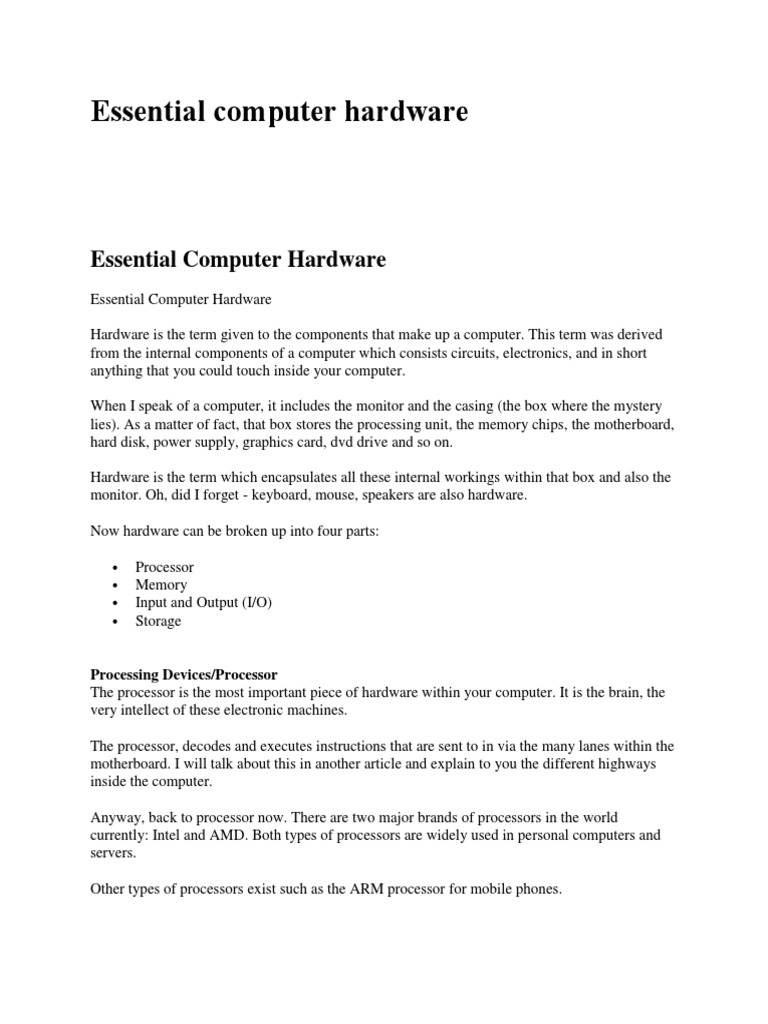 Essential Computer Hardware | PDF | Computer Hardware | Central Processing Unit