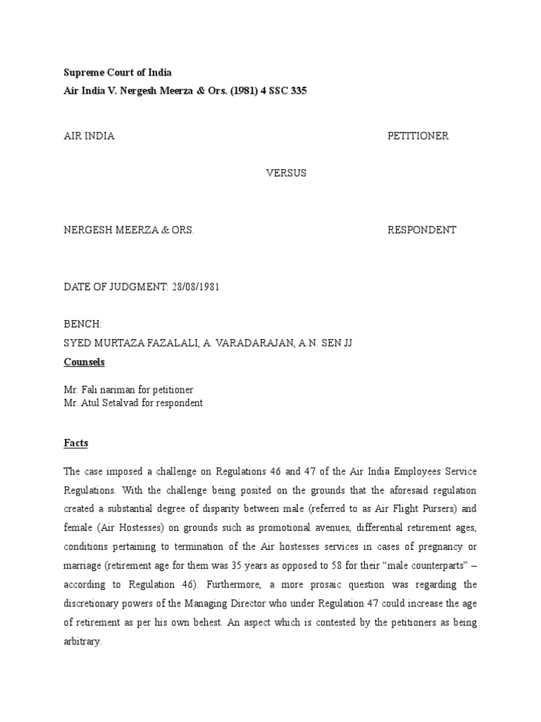 Air India v. Nargesh Meerza Case Summary | PDF | Flight Attendant ...