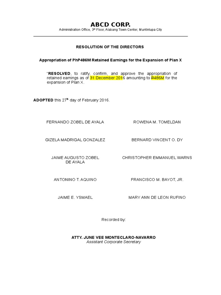 Sample Board Reso - Retained Earnings