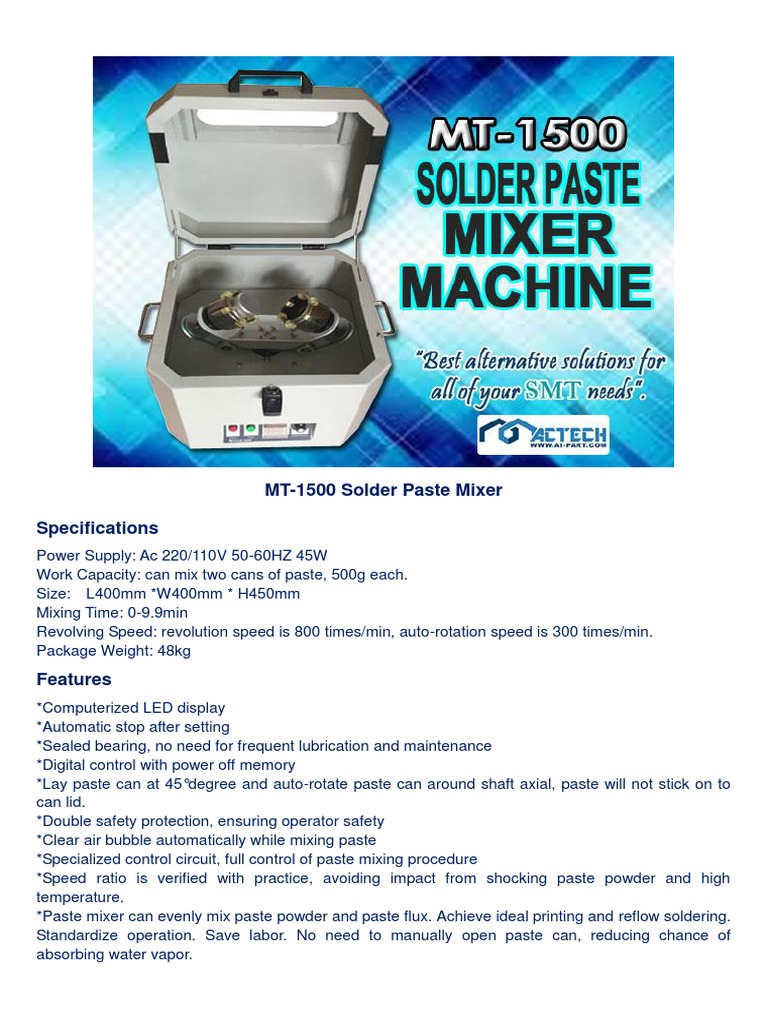 MT-1500 Solder Paste Mixer Machine Specs and Features | PDF