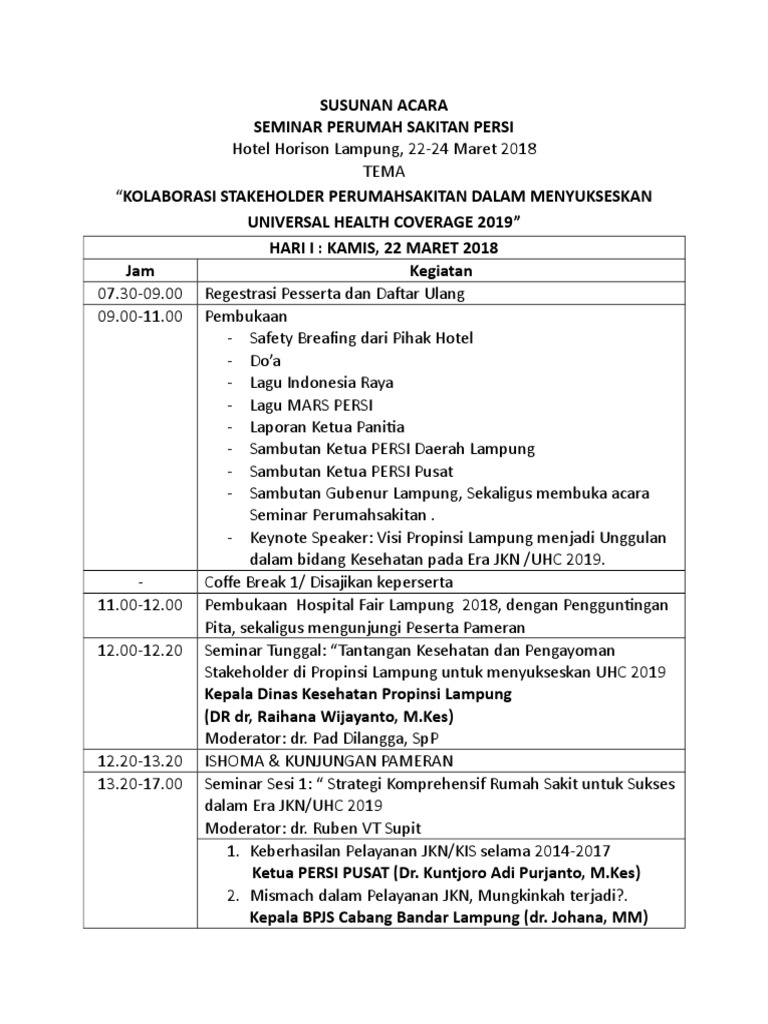 Susunan Acara Seminar Perumahsakitan Dan Hospital Fair 2018 | PDF