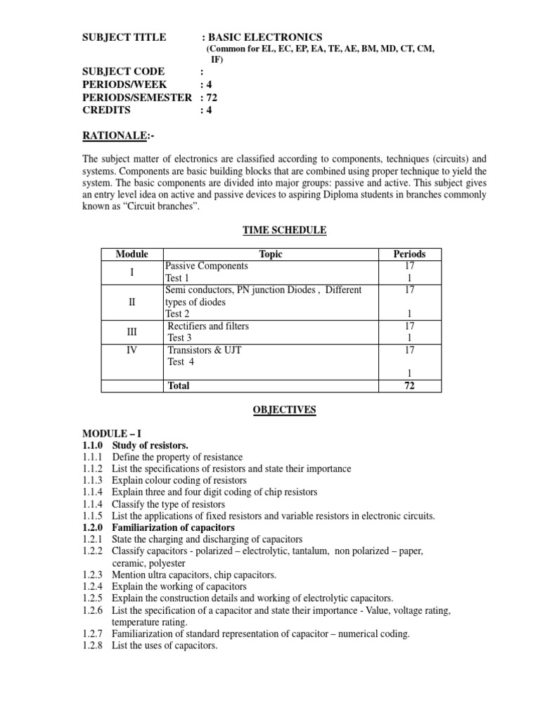Basic Electronics Syllabus for Diploma | PDF | Rectifier | Diode
