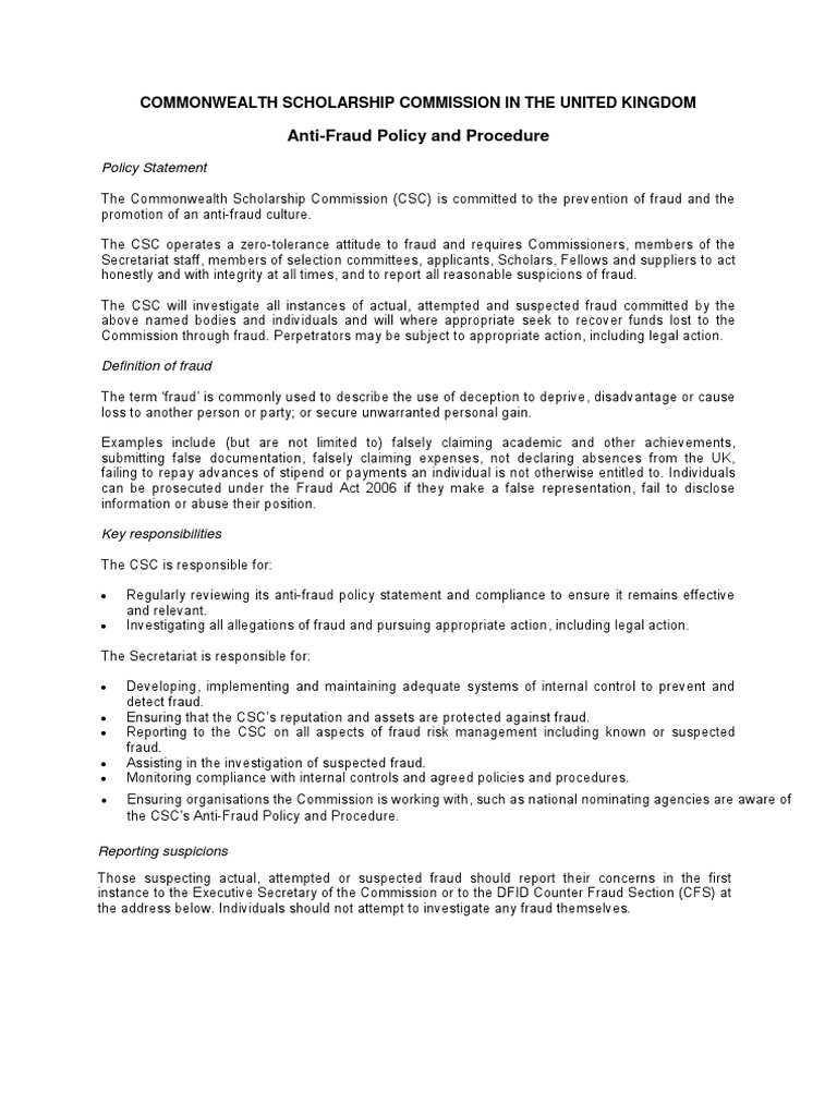 CSC Anti-Fraud Policy Guide | PDF | Fraud | Internal Control