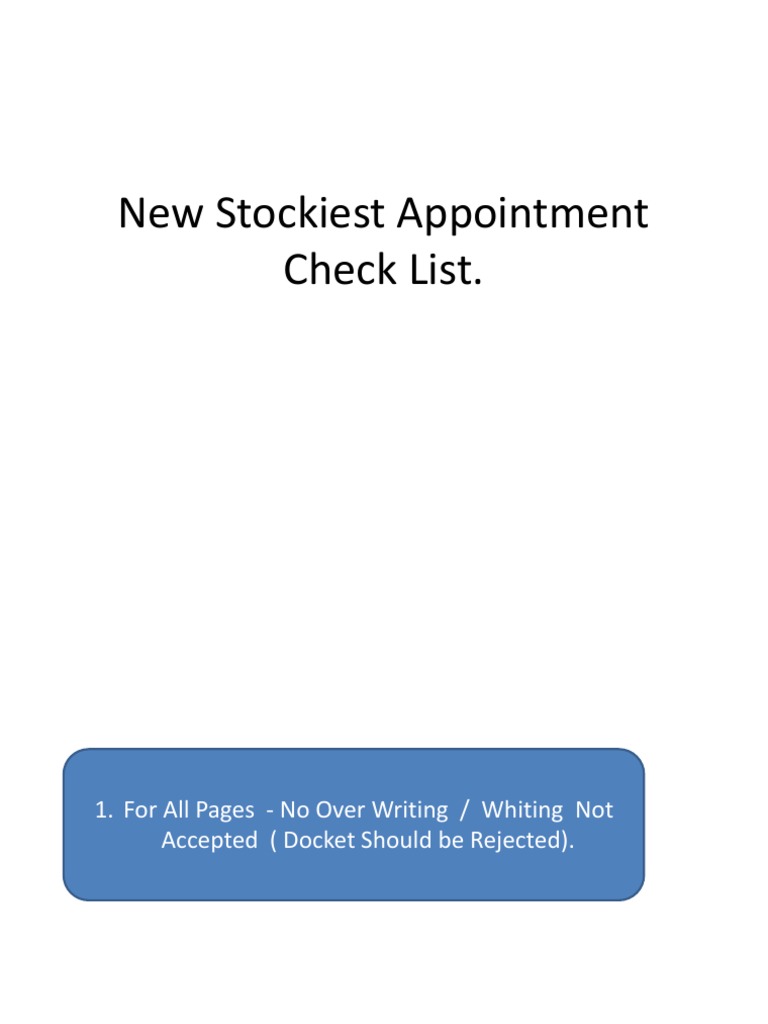 Stockiest Appointment Checklist | PDF | Cheque | Business