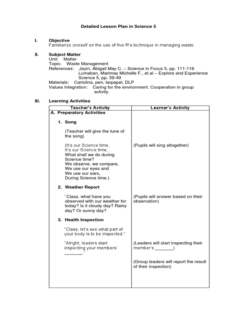 5R Waste Management Lesson Plan for Grade 5 | PDF | Reuse | Lesson Plan