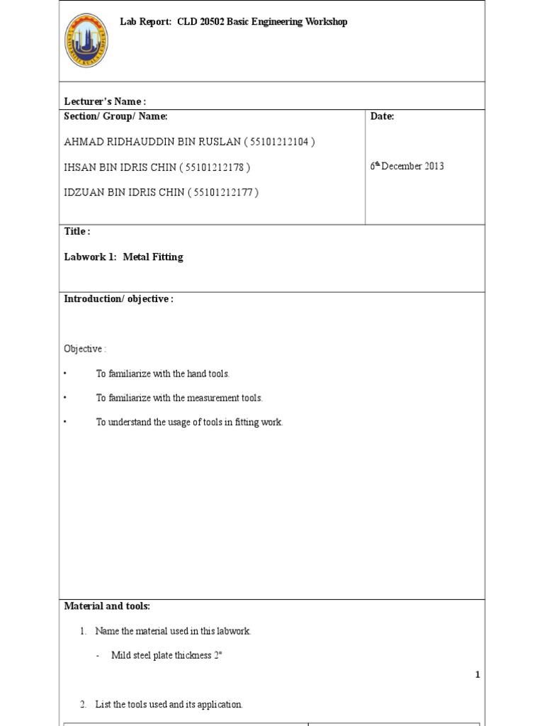 Workshop LR (Metal Fitting) | PDF
