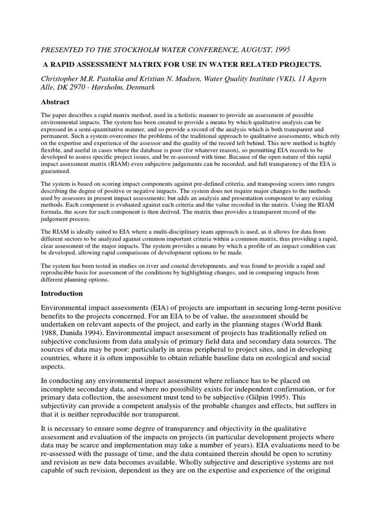 A Rapid Assessment Matrix For Use in Water Related Projects | PDF ...