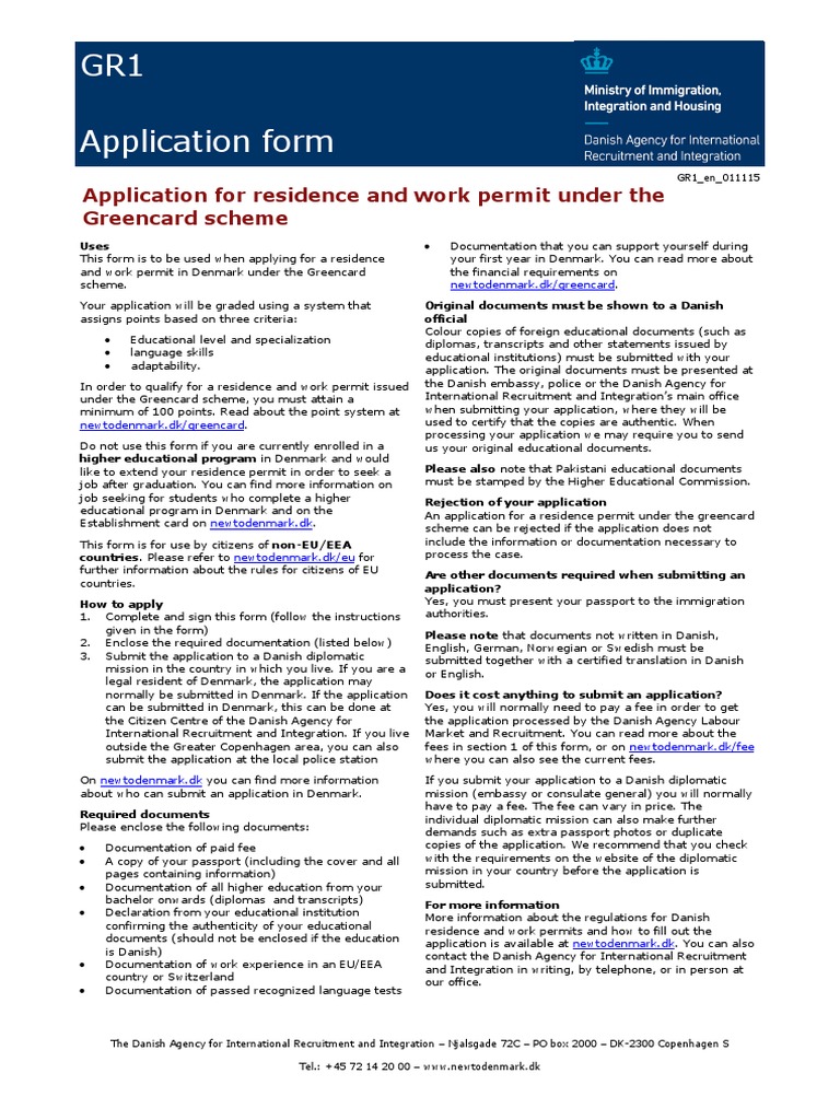 GR1 Application Form: Application For Residence and Work Permit Under ...
