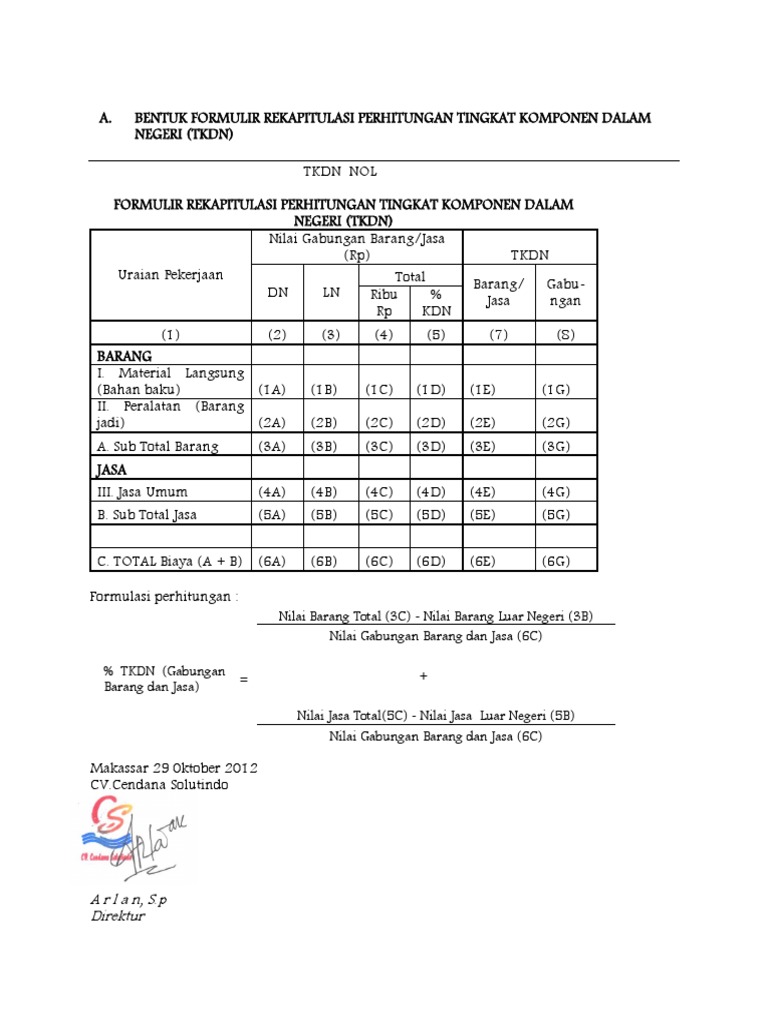 Bentuk Formulir Rekapitulasi Perhitungan Tingkat Komponen Dalam Negeri ...