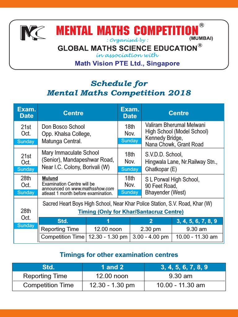 Global Maths Exam 2018 Test Schedule | PDF
